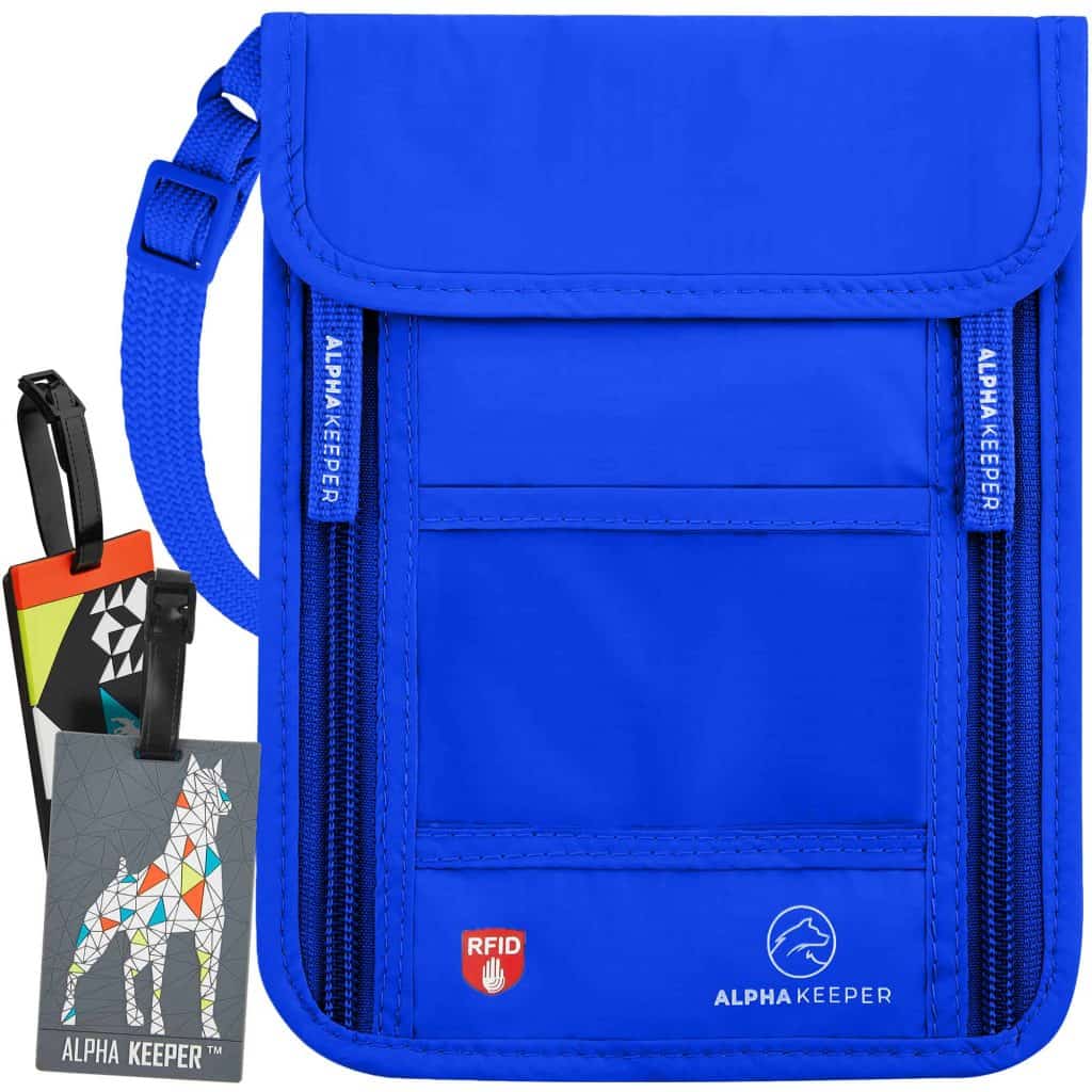 Blue RFID Neck Wallet With Two Luggage Tags | Alpha Keeper